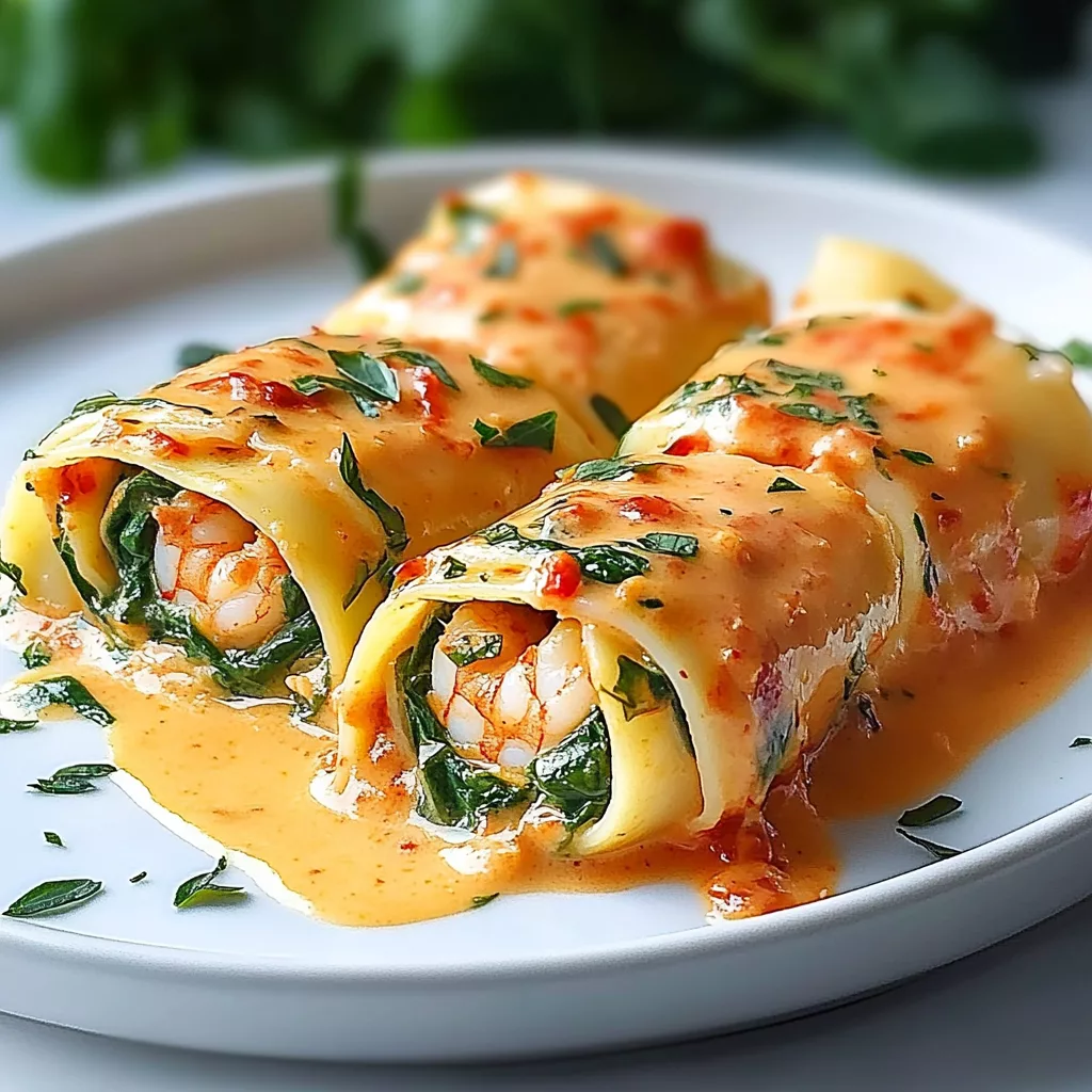 Shrimp and Spinach Stuffed Pasta Rolls with Roasted Red Pepper Cream ...